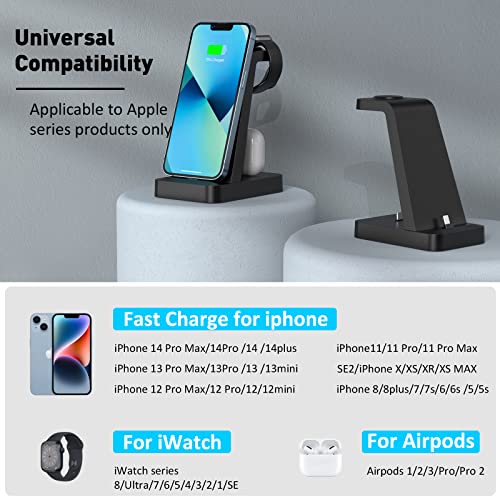 Charger Station for iPhone Multiple Devices - 3 in 1 Fast Wireless Charging Dock Stand for Apple Watch Series 7 6 SE 5 4 3 2 & Airpods iPhone 14 13 12 11 Pro X Max XS XR 8 7 Plus 6s 6 with Adapter
