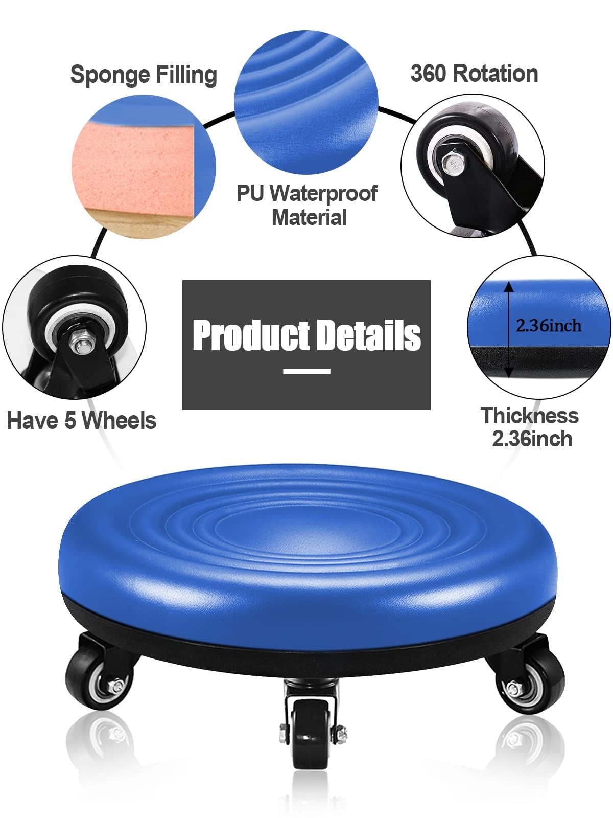 Lanstics Low Roller Seat Wheel Stool Chair PU Leather Rolling Stool Seats on Wheels for Home Office Fitness Round Roller Seat Stool (Blue)