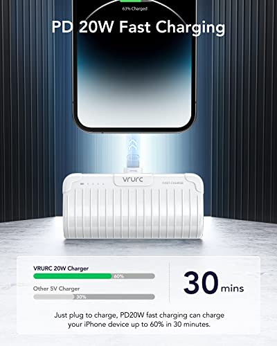 Small Portable Charger For iPhone,VRURC 5000mAh Power Bank Fast Charging,PD 20W Lipstick-sized Phone Charger Compatible With iPhone 14/14 Plus/Pro/Max/13/13 Pro/13 Pro Max/12/12 Pro/12 Pro Max/X-White