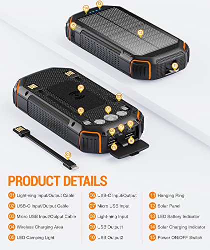 Solar Power Bank 36000mAh,Solar Charger Wireless Built in 3 Cables IPX5 Waterproof Portable Solar External Battery Pack with 3 Input 4 Output 15W USB C Port Camping Flashlight iPhone Samsung Tablet
