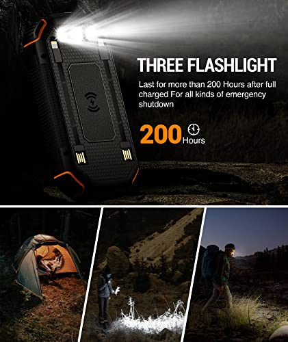Solar Power Bank 36000mAh,Solar Charger Wireless Built in 3 Cables IPX5 Waterproof Portable Solar External Battery Pack with 3 Input 4 Output 15W USB C Port Camping Flashlight iPhone Samsung Tablet