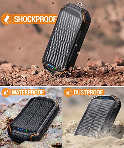 Solar Power Bank 36000mAh,Solar Charger Wireless Built in 3 Cables IPX5 Waterproof Portable Solar External Battery Pack with 3 Input 4 Output 15W USB C Port Camping Flashlight iPhone Samsung Tablet