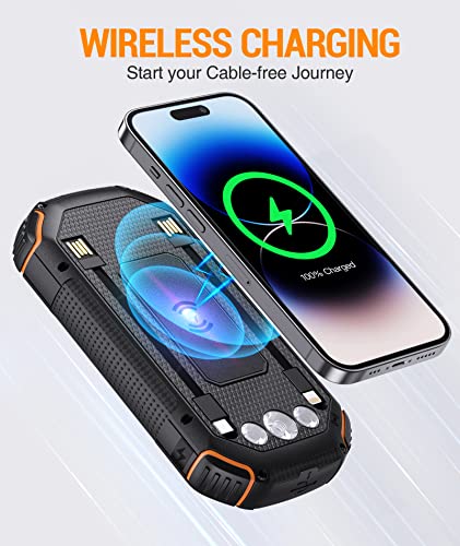 Solar Power Bank 36000mAh,Solar Charger Wireless Built in 3 Cables IPX5 Waterproof Portable Solar External Battery Pack with 3 Input 4 Output 15W USB C Port Camping Flashlight iPhone Samsung Tablet