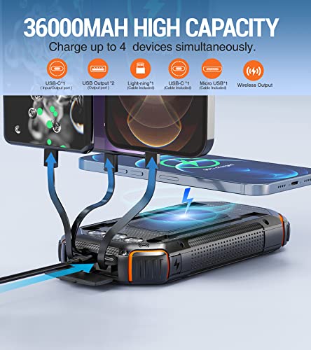 Solar Power Bank 36000mAh,Solar Charger Wireless Built in 3 Cables IPX5 Waterproof Portable Solar External Battery Pack with 3 Input 4 Output 15W USB C Port Camping Flashlight iPhone Samsung Tablet