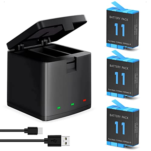 3-Pack Hero 11 Replacement Batteries Compatible with GoPro Hero 11 Hero 10 Hero 9 Black Camera, 3-Channel Battery Charger for GoPro Hero 11/10/ 9 Battery (New Upgrade)