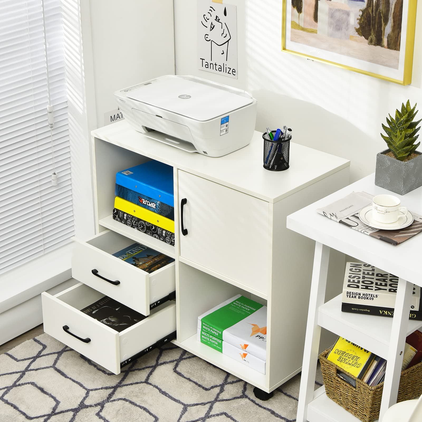 Giantex Printer Stand Under Desk - Mobile File Cabinet with 2 Drawers, Lateral Cabinet, 2 Open Compartments, Lateral Rolling Filing Cabinet on Wheels for Home & Office Use Printer Table (White)