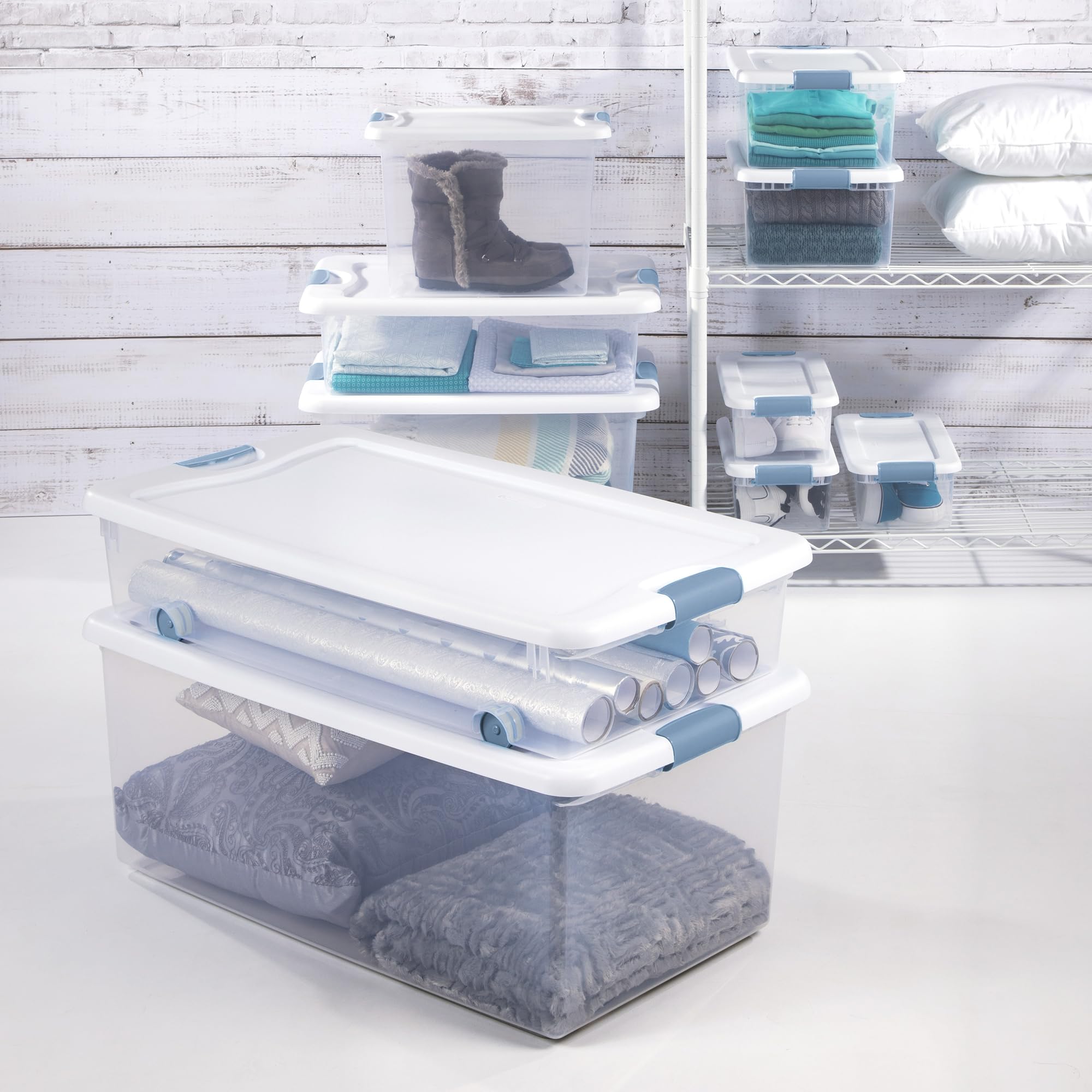 Sterilite 32 Quart Multipurpose Plastic Stackable Storage Box Container with Latching Lid for Home or Office Organization, Clear (12 Pack)