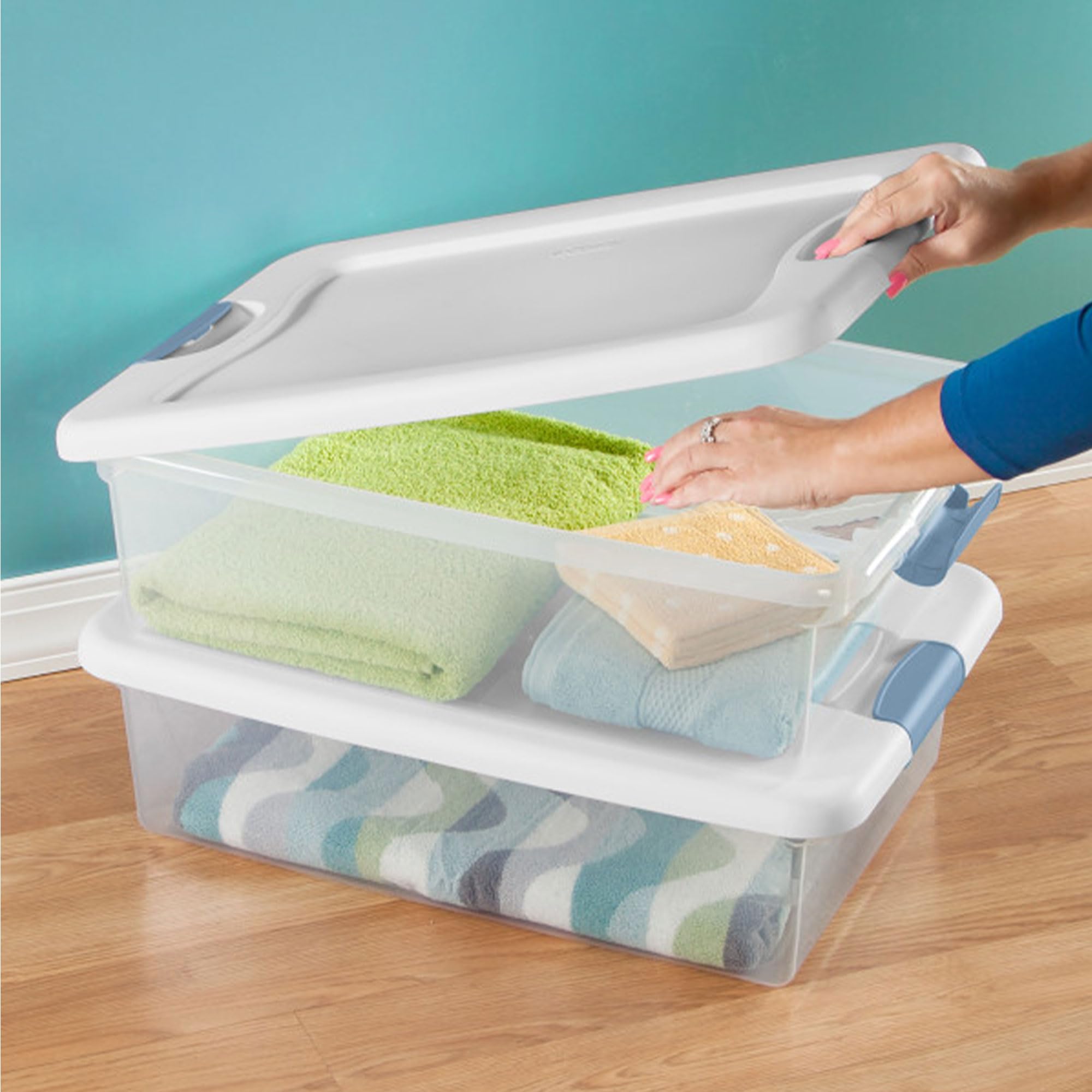 Sterilite 32 Quart Multipurpose Plastic Stackable Storage Box Container with Latching Lid for Home or Office Organization, Clear (12 Pack)