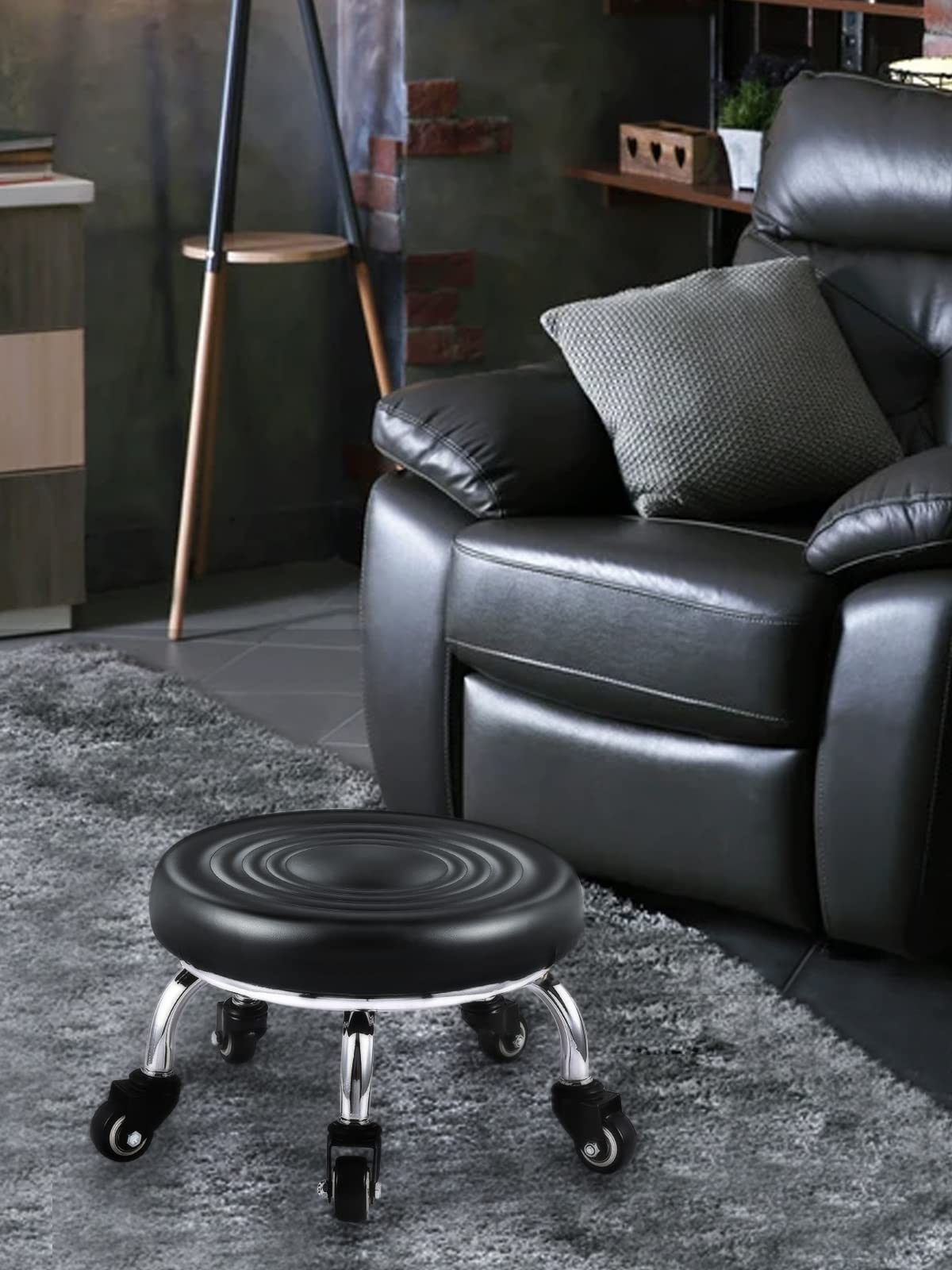 Lorvain Low Stool with Wheels, Roller Seat Short Rolling Stools with Universal Swivel Caster Wheels Leather Little Low Small Stools on Wheels for Home Garage to sit on- Black