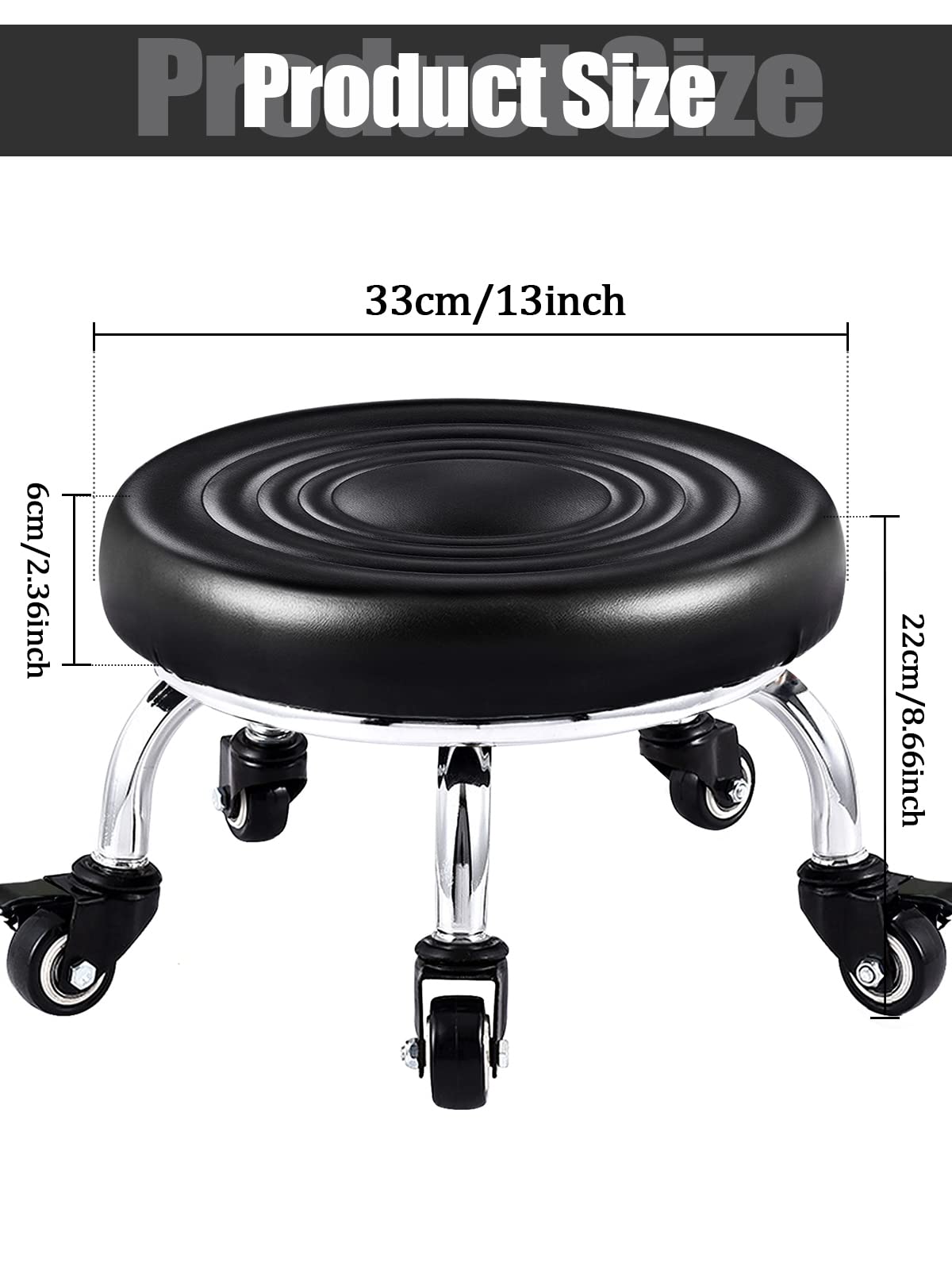 Lorvain Low Stool with Wheels, Roller Seat Short Rolling Stools with Universal Swivel Caster Wheels Leather Little Low Small Stools on Wheels for Home Garage to sit on- Black