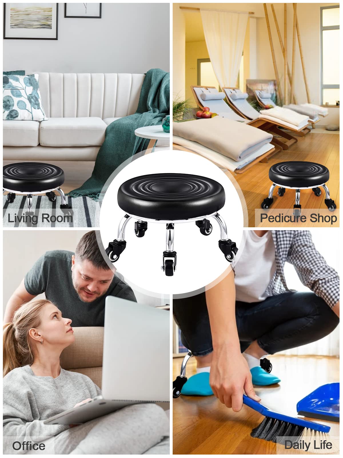 Lorvain Low Stool with Wheels, Roller Seat Short Rolling Stools with Universal Swivel Caster Wheels Leather Little Low Small Stools on Wheels for Home Garage to sit on- Black