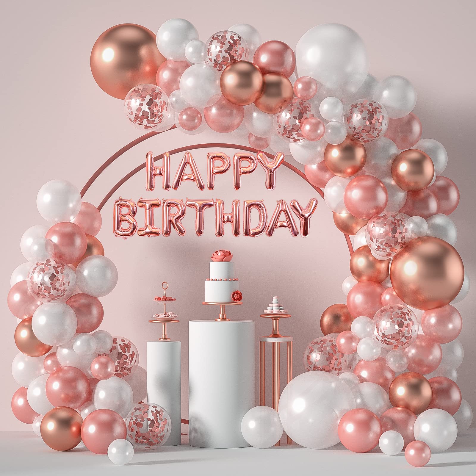 Janinus Rose Gold Balloons Garland Arch Kit- 5+12+18 Inch Rose Gold White Confetti Birthday Balloons Decorations For Women Girls Princess Engagement Wedding Birthday Party decorations