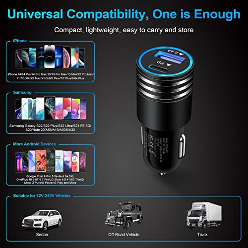 Fast Charging USB C Car Charger for iPhone 14 13 12 11 Pro Max SE XR XS X 8 Samsung Galaxy S23 S22 S21 S20 FE Note20 A12 A32 Google Pixel 7 Pro/6a/6/5/4a/4/3a 3XL,2Pack 30W PD+2.4A Type C Car Adapter