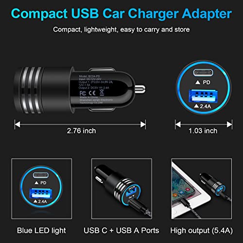 Fast Charging USB C Car Charger for iPhone 14 13 12 11 Pro Max SE XR XS X 8 Samsung Galaxy S23 S22 S21 S20 FE Note20 A12 A32 Google Pixel 7 Pro/6a/6/5/4a/4/3a 3XL,2Pack 30W PD+2.4A Type C Car Adapter