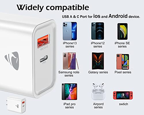 USB C Wall Charger, Aioneus 20w USB C Power Adapter, PowerPort PD iPhone Fast Charging Block, Dual Port for iPad/iPad Mini, iPhone 13/13 Mini/13 Pro/13 Pro Max/12/11, Pixel, Galaxy, and More(White)