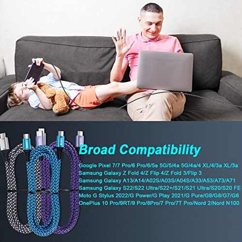 USB Type C Cable, [3Pack/6Ft] 100W 5A Super Fast Charging Type C to C Nylon Braided USB C-C Cable for Samsung Galaxy S23 A54 A14 A13 A03S A04S A53 A23 A20 A51 S10 S9,Google Pixel 7Pro 6 Pro 5a 4a 4 XL