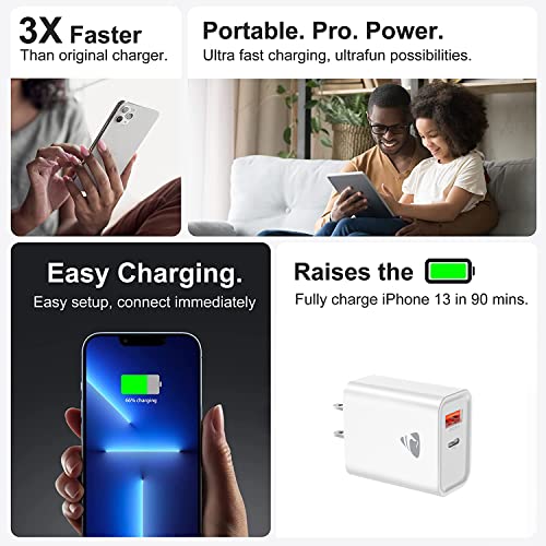 USB C Wall Charger, Aioneus 20w USB C Power Adapter, PowerPort PD iPhone Fast Charging Block, Dual Port for iPad/iPad Mini, iPhone 13/13 Mini/13 Pro/13 Pro Max/12/11, Pixel, Galaxy, and More(White)