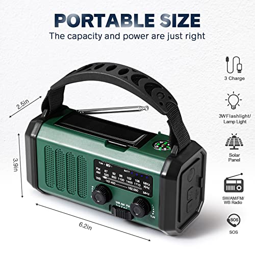 10000mAh Crank Radio, Emergency Radio, Solar Radio, NOAA/AM/FM Weather Radio, USB Type-C Charging,Dynamo Radio,Polymer Battery,Torch & LED Reading Light, SOS Alarm,Compass for Camping
