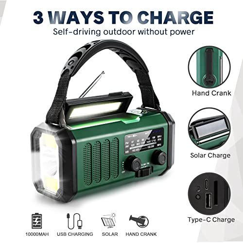 10000mAh Crank Radio, Emergency Radio, Solar Radio, NOAA/AM/FM Weather Radio, USB Type-C Charging,Dynamo Radio,Polymer Battery,Torch & LED Reading Light, SOS Alarm,Compass for Camping