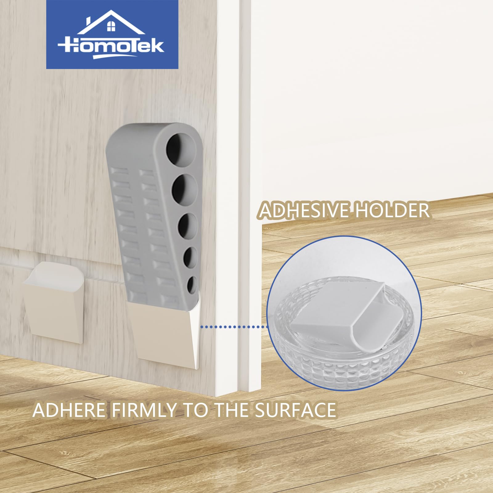 HOMOTEK 2 Pack Wedge Rubber Door Stops Door Chucks Stoppers Wall Protector for Floor & Bottom of Door with Self Adhesive White Holder, 5"x1-9/16"x1-5/16" (Gray)