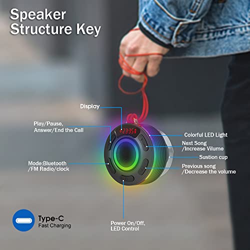 Bluetooth Shower Speaker, Portable Bluetooth Speaker 360 HD Surround Sound, IPX7 Waterproof Wireless Speaker with Suction Cup, Dual Stereo Pairing, Built-in Mic, Shower Radio for Party, Travel, Beach