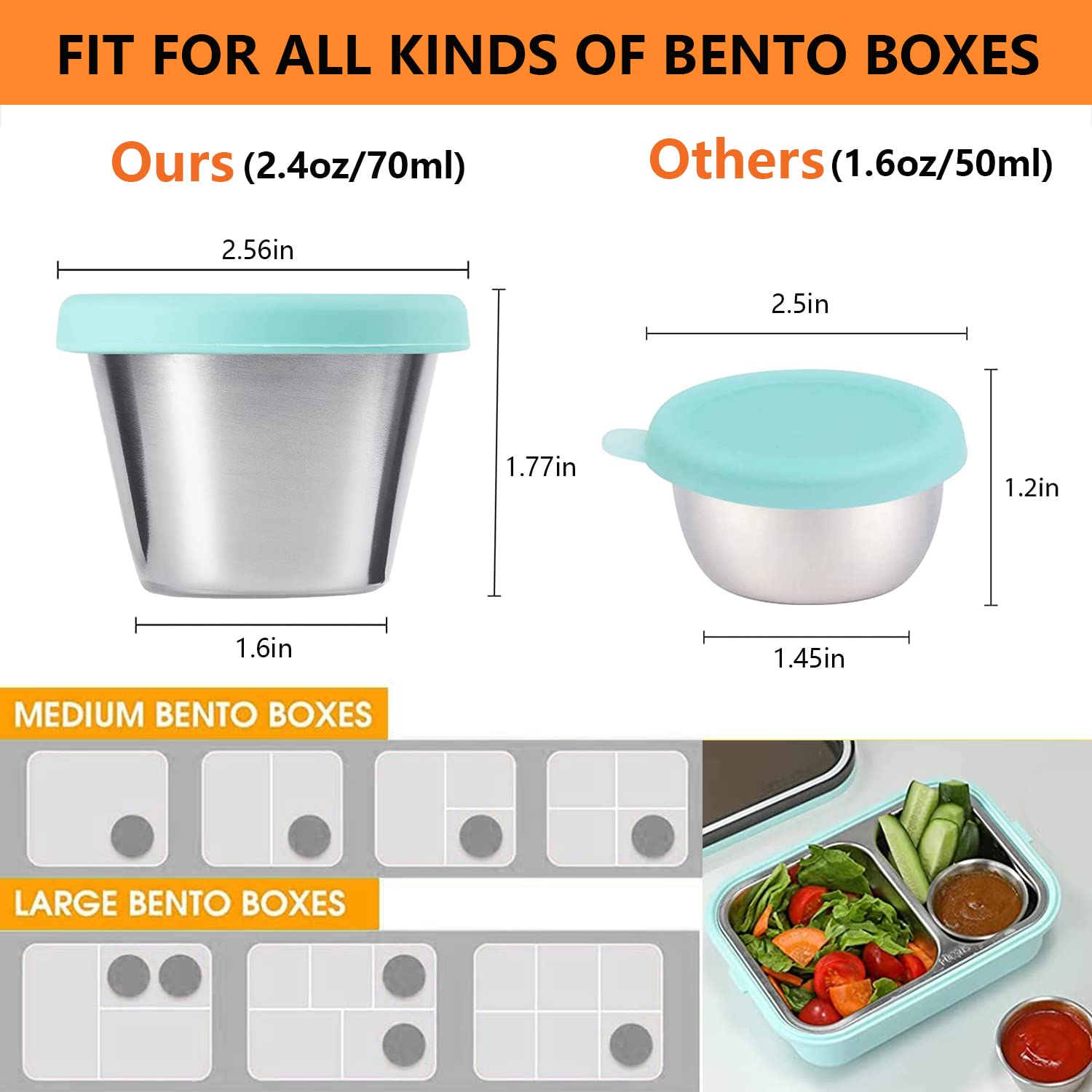 HOMMES Salad Dressing Container to Go, 6x2.4 oz Large Containers with Lids, Reusable Sauce Containers for Lunch Box, 18/8 Stainless Steel Condiment Cup, Easy to Open, Leakproof Dipping Sauce Cups