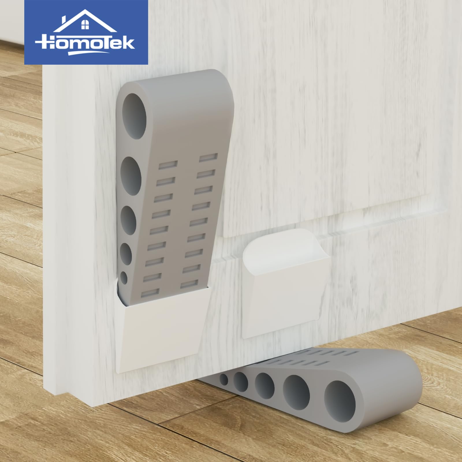 HOMOTEK 2 Pack Wedge Rubber Door Stops Door Chucks Stoppers Wall Protector for Floor & Bottom of Door with Self Adhesive White Holder, 5"x1-9/16"x1-5/16" (Gray)
