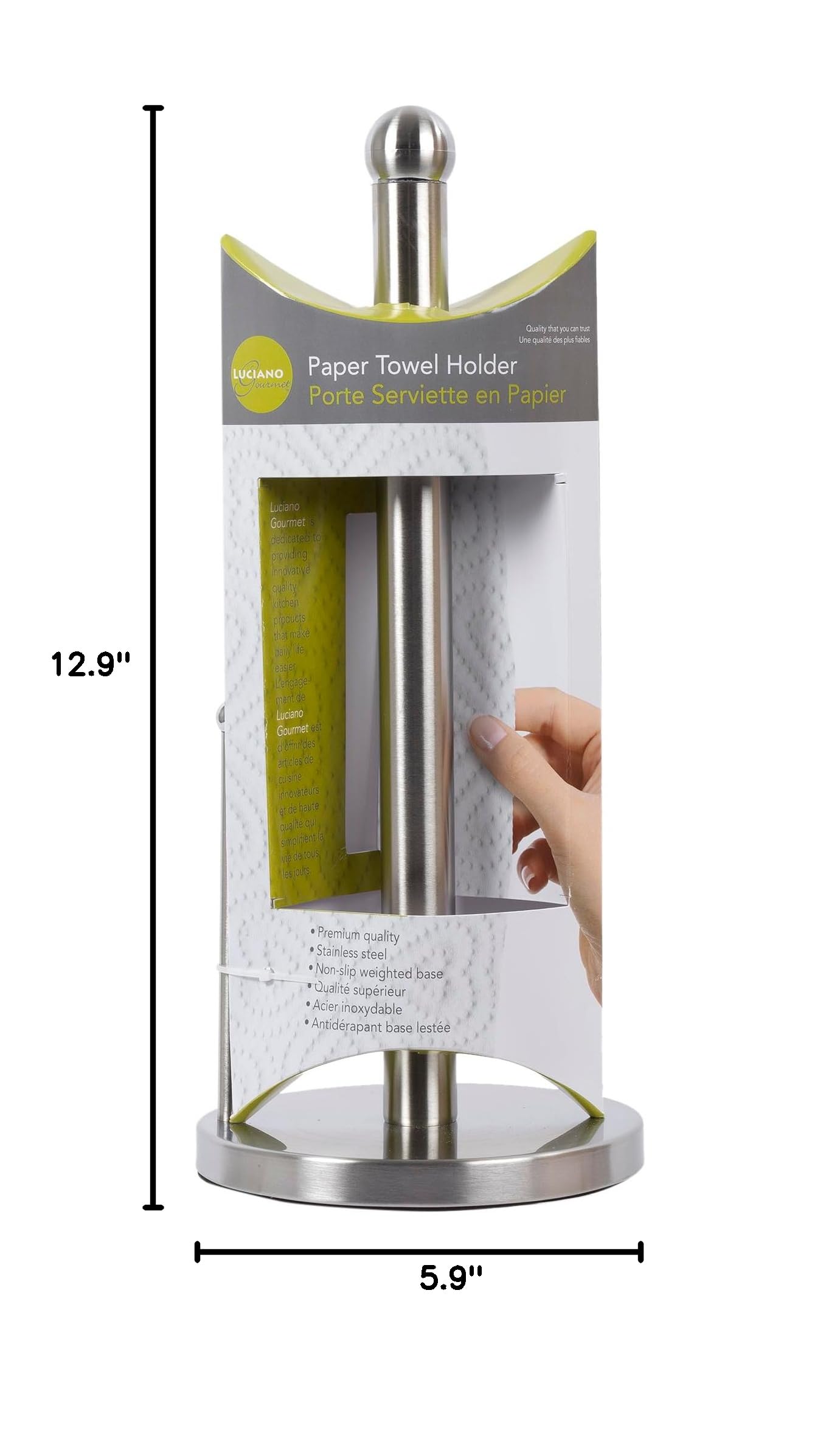 Luciano Housewares Luciano Satin Nickel Stainless Steel Kitchen Paper Towel Holder, 12.9" x 5.9"