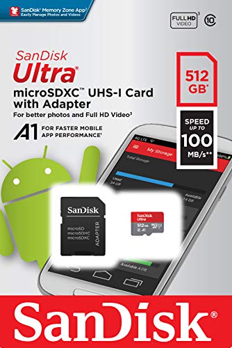 SanDisk 512GB Ultra MicroSDXC UHS-I Memory Card with Adapter - 100MB/s, C10, U1, Full HD, A1, Micro SD Card - SDSQUAR-512G-GN6MA