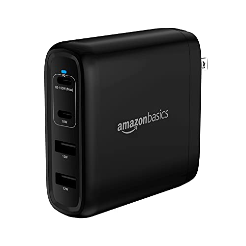 Amazon Basics 100W Four-Port GaN Wall Charger with 2 USB-C Ports(65W+18W)&USB-A Ports (17W) with Power Delivery PD for Laptops,Tablets & Phones (iPhone14/13/12/11/X,iPad,MacPro,Samsung)Black (non-PPS)