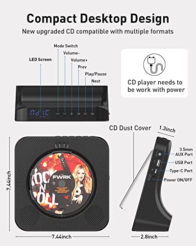 QUALORI CD Player Portable with Bluetooth Desktop Music Player Dual Speakers for Home Audio Boombox,USB Flash Player,FM Radio,AUX Input Output/Remote Control-Black