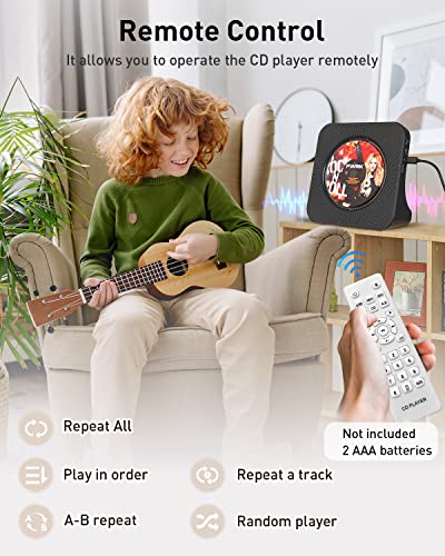 QUALORI CD Player Portable with Bluetooth Desktop Music Player Dual Speakers for Home Audio Boombox,USB Flash Player,FM Radio,AUX Input Output/Remote Control-Black