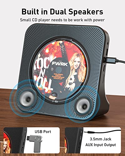QUALORI CD Player Portable with Bluetooth Desktop Music Player Dual Speakers for Home Audio Boombox,USB Flash Player,FM Radio,AUX Input Output/Remote Control-Black