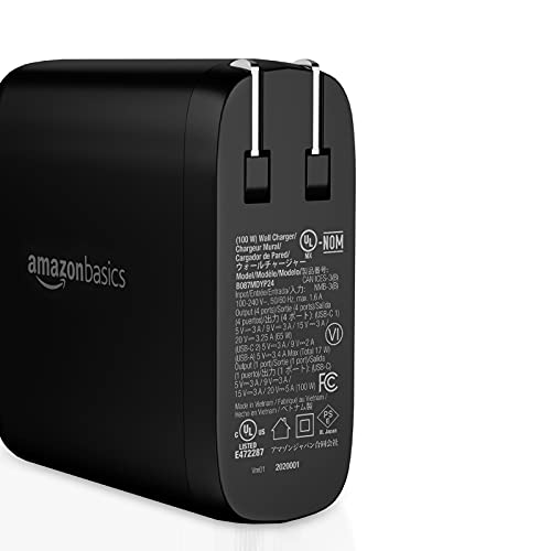 Amazon Basics 100W Four-Port GaN Wall Charger with 2 USB-C Ports(65W+18W)&USB-A Ports (17W) with Power Delivery PD for Laptops,Tablets & Phones (iPhone14/13/12/11/X,iPad,MacPro,Samsung)Black (non-PPS)
