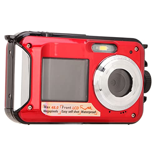 Waterproof Digital Camera, Full HD 2.7K 48MP 10ft Waterproof Underwater Digital Camera, 16X Digital Zoom Front Rear Double Screens Waterproof Digital Camera (Red)