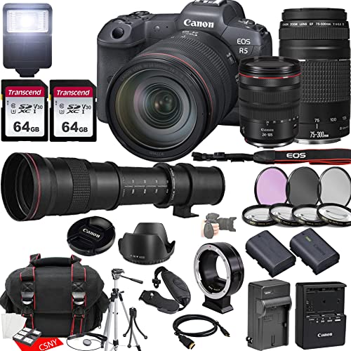 Canon EOS R5 Mirrorless Camera w/RF 24-105mm f/4 L IS USM Lens + EF 75-300mm f/4-5.6 III Lens + 420-800mm f/8.3 HD Telephoto Lens + 2X 64GB Memory + Hood + Case + Filters + Tripod + More (35pc Bundle)
