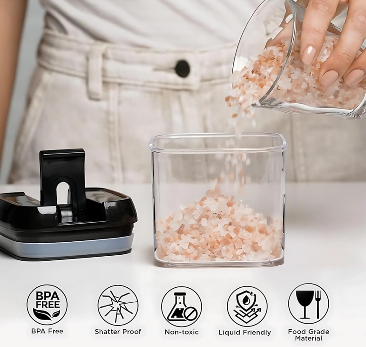 Shazo Airtight 6 Pc Mini Container Set + 6 Spoons, Labels & Marker - Durable Clear Plastic Food Storage Containers with Lids - Kitchen Cabinet Pantry Containers for Spices, Herbs, Coffee, Tea etc