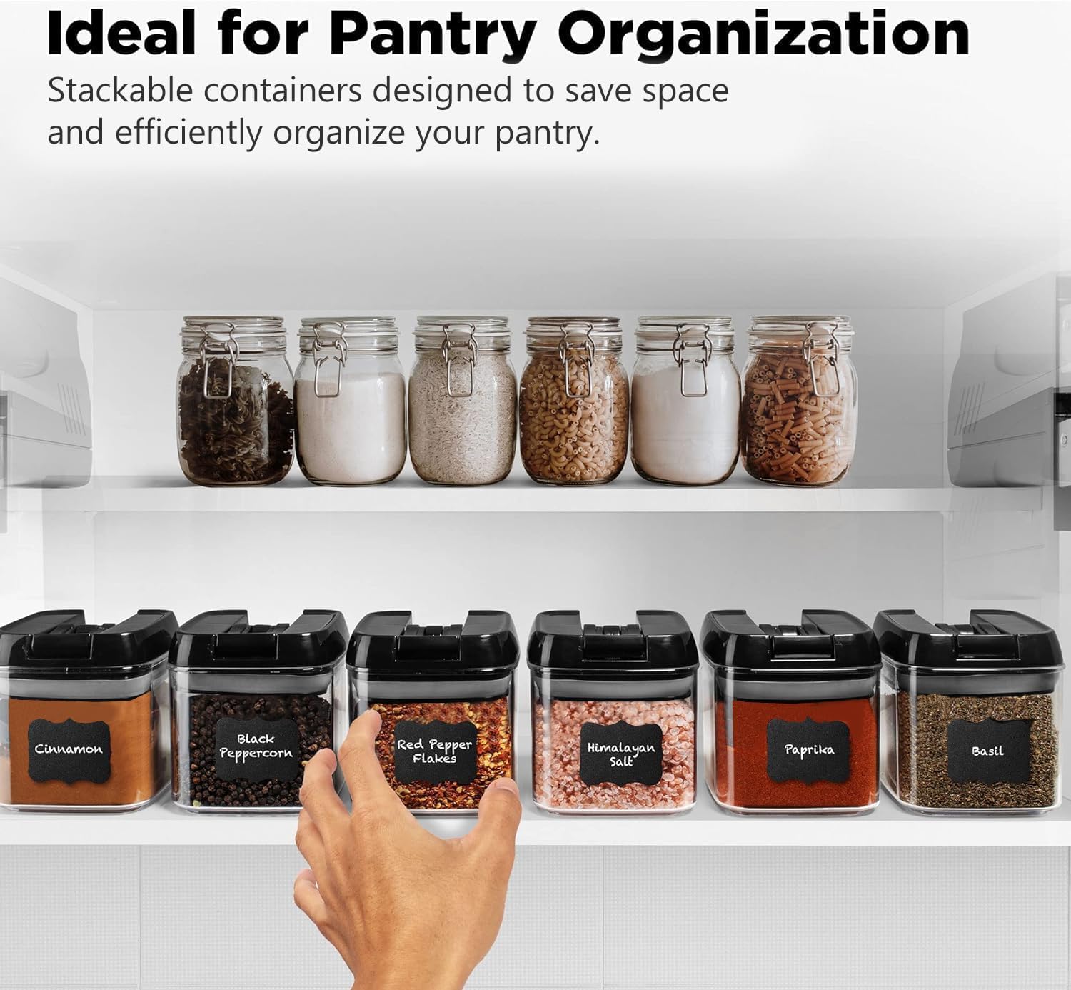 Shazo Airtight 6 Pc Mini Container Set + 6 Spoons, Labels & Marker - Durable Clear Plastic Food Storage Containers with Lids - Kitchen Cabinet Pantry Containers for Spices, Herbs, Coffee, Tea etc