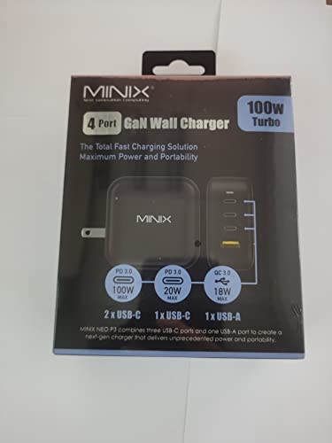 MINIX NEO P3 100W Turbo 4-Ports GaN Wall Charger, 3 x USB-C Port Fast Charging Adapter(Max 100W/20W), 1 USB-A (Max 18W). Compatible with MacBook Pro Air, iPad Pro, iPhone 13,12,Galaxy S9 and More.