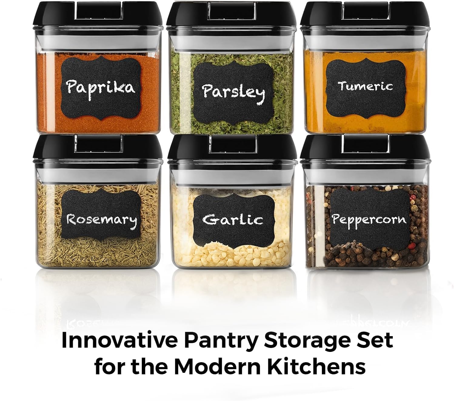 Shazo Airtight 6 Pc Mini Container Set + 6 Spoons, Labels & Marker - Durable Clear Plastic Food Storage Containers with Lids - Kitchen Cabinet Pantry Containers for Spices, Herbs, Coffee, Tea etc