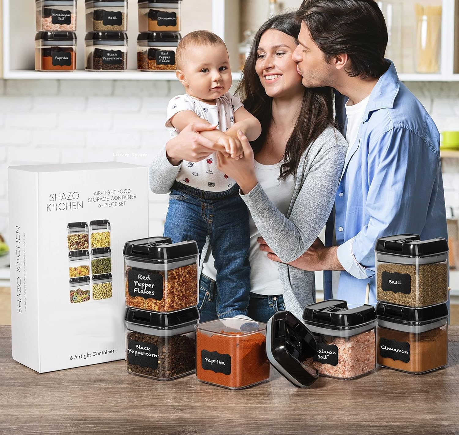 Shazo Airtight 6 Pc Mini Container Set + 6 Spoons, Labels & Marker - Durable Clear Plastic Food Storage Containers with Lids - Kitchen Cabinet Pantry Containers for Spices, Herbs, Coffee, Tea etc