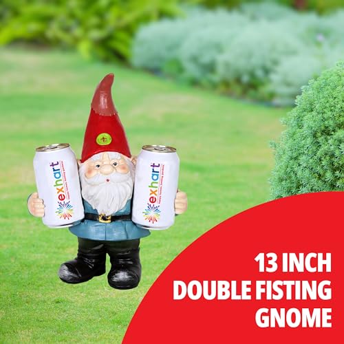 Exhart Garden Gnome, Double Fisting Two Can Timmy Garden Statue, Funny Outdoor Garden Decoration, 10 x 13.5 Inch