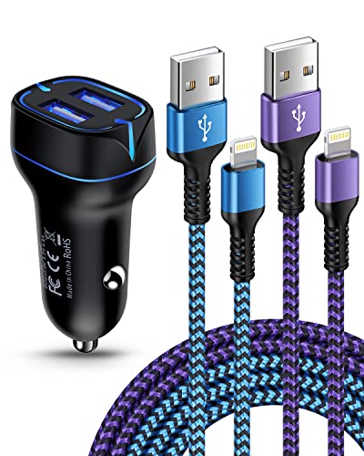 Phone Car Charger, Dual Port Cigarette Lighter Adapter + 2Pack-3FT Lightning Cables Fast Charging for iPhone 14 13 12 Pro Max Mini 11Pro 10 SE X XR XS Max 8, Lightening Wire 3FT + Car Phone Cargador