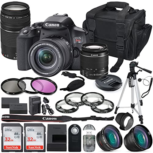 Canon EOS Rebel T8i DSLR Camera with 18-55mm & 75-300mm Lens Bundle + 2X 32GB Sandisk Memory + Accessory Bundle Including Auxiliary Lenses, Tripod, Camera case, Filters, Close Ups & More