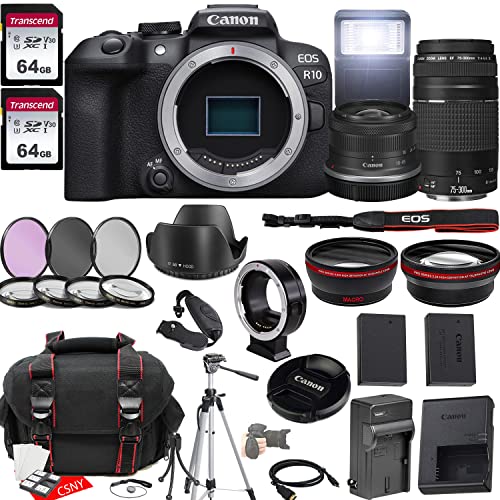 Canon EOS R10 Mirrorless Camera w/RF-S 18-45mm f/4.5-6.3 is STM Lens + EF 75-300mm f/4-5.6 III Lens + 2X 64GB Memory + Hood + Case + Filters + Tripod & More (35pc Bundle)