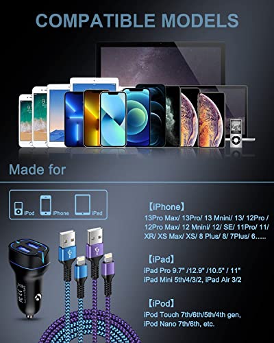 Phone Car Charger, Dual Port Cigarette Lighter Adapter + 2Pack-3FT Lightning Cables Fast Charging for iPhone 14 13 12 Pro Max Mini 11Pro 10 SE X XR XS Max 8, Lightening Wire 3FT + Car Phone Cargador