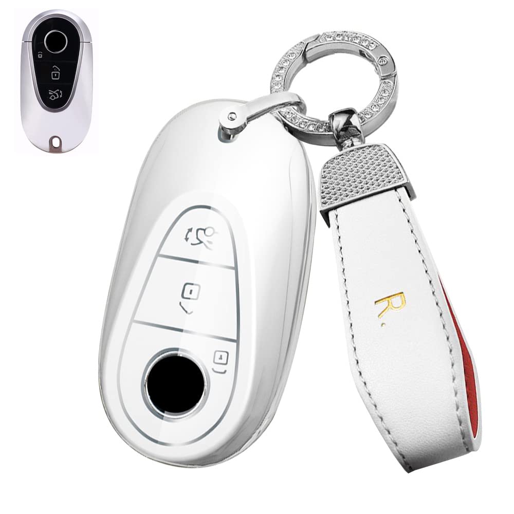SANRILY Sliver-Edge Smart Key Fob Cover for Mercedes Benz C Class A E S AMG Class CLA CLS GLK Accessories Keyless Key Case with Bling Leather Keychain Beige