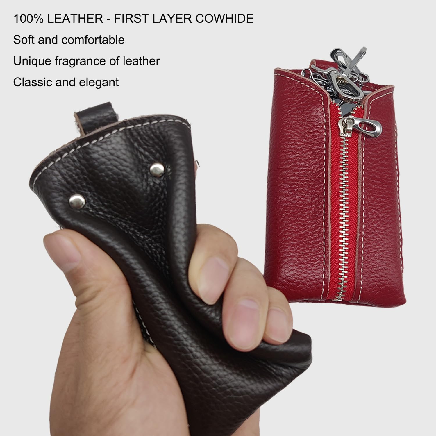 LFWATAXY Genuine Leather Key Holder Case - 6 Hooks with Coin Layer - Key Fob Cover - Ridge Key Holder - Leather Car Keychain