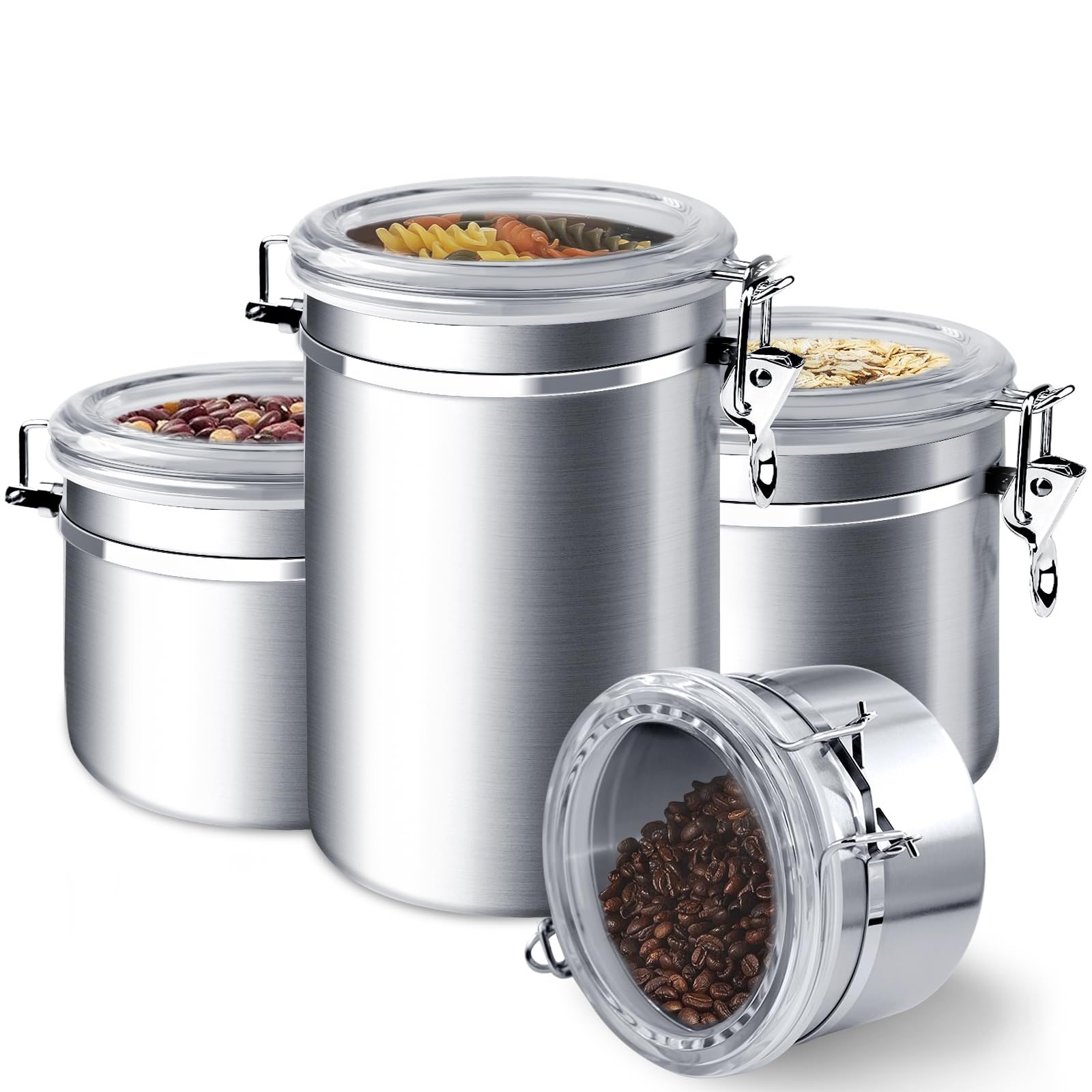 ENLOY 4-Piece Stainless Steel Airtight Food Storage Canister Set with Clear Lid, Canister Sets for Kitchen Counter for Sugar, Flour, Tea, Candy, Cookie, Spice, 28/32/38/65 oz