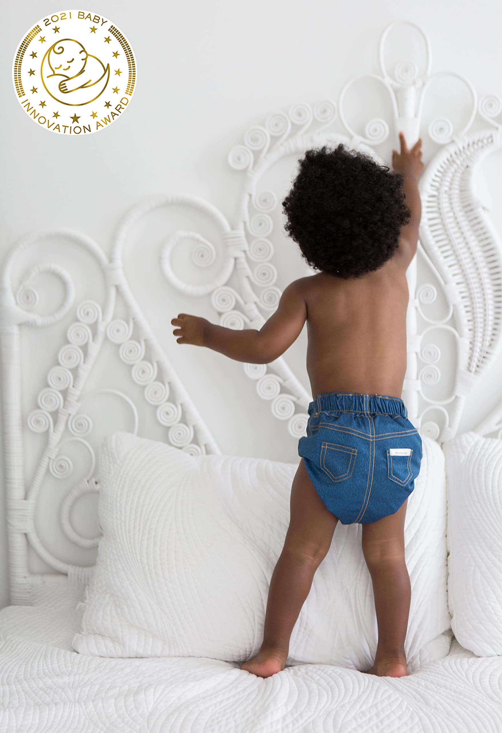 SmartNappy Blue Jeans by Amazing Baby, NextGen Hybrid Cloth Diaper Cover + 1 Tri-fold Reusable Insert + 1 Reusable Booster, Denim, Size 4, 22-40 lbs